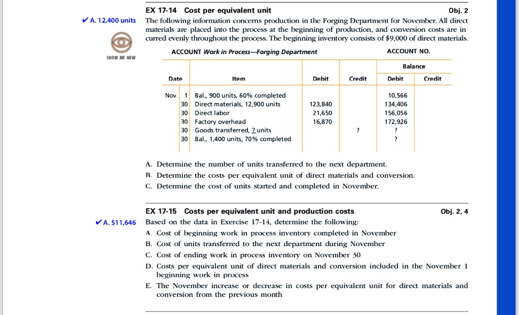 EX 17-14 Cost per equivalent unit Obj. 2 A. 12,400 units The following ...