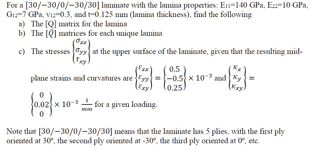 SOLVED: For a |30/-30/0/-30/30| laminate with the lamina properties: E1 ...