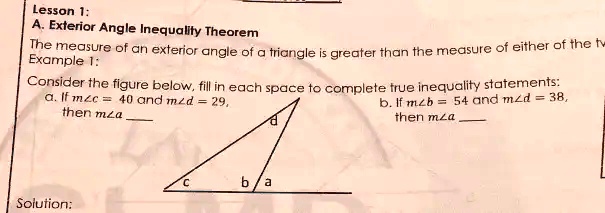 SOLVED: Lesson 1: Exterior Angle Inequality Theorem The megsure of an ...