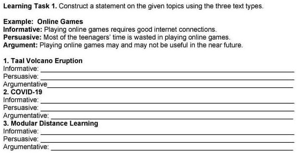 Solved Learning Task 1 Construct A Statement On The Given Topics Using The Three Text Types