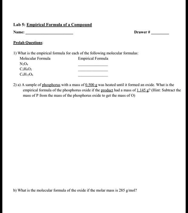 lab 5 empirical furmul u4 cupound name drawer prelb questions whal is ...