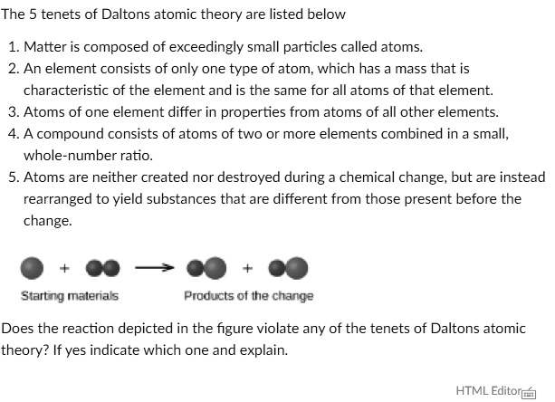 SOLVED: The 5 tenets of Dalton's atomic theory are listed below: 1. Matter is composed of ...