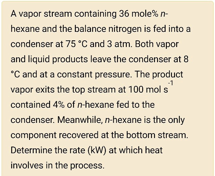 A vapor stream containing 36 mole% n-hexane and the balance nitrogen is ...