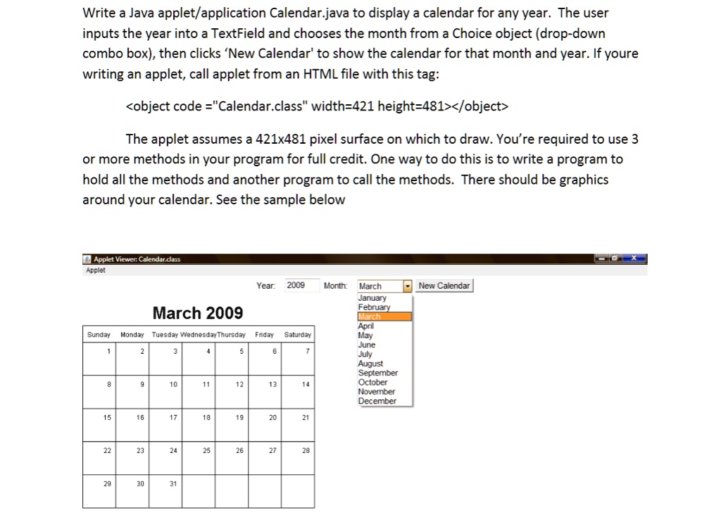 Solved Write A Java Appletapplication Calendarjava To Display A Calendar For Any Year The 4264