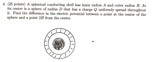 SOLVED: 4. (25 points) A spherical conducting shell has inner radius A and outer radius B. At ...