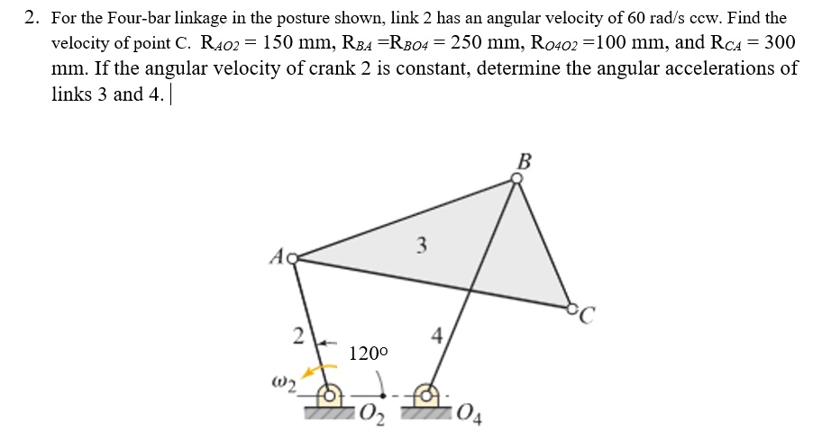 SOLVED: For the Four-bar linkage in the posture shown, link 2 has an angular velocity of 60 rad ...