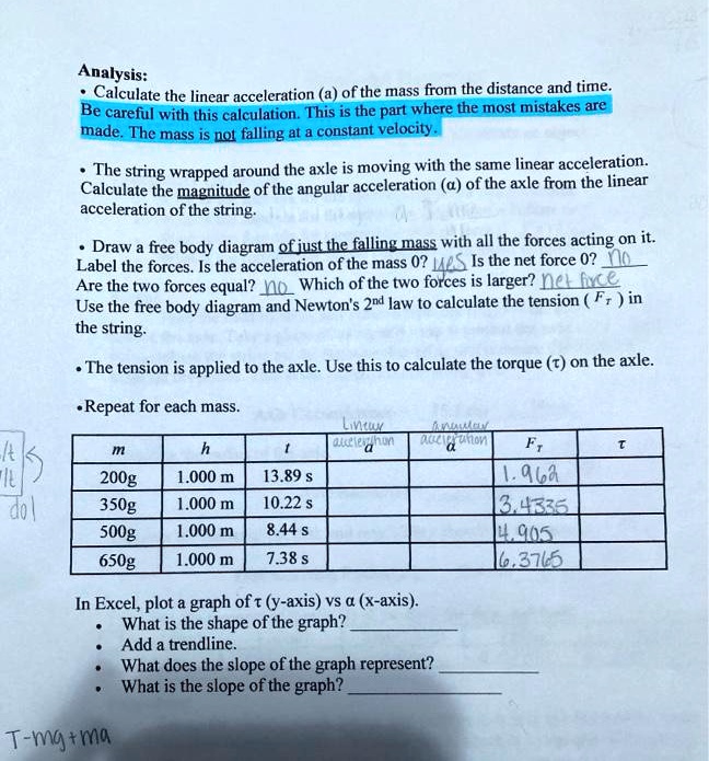 SOLVED: Analysis: Calculate the linear acceleration of the mass from the distance and lire. Be ...