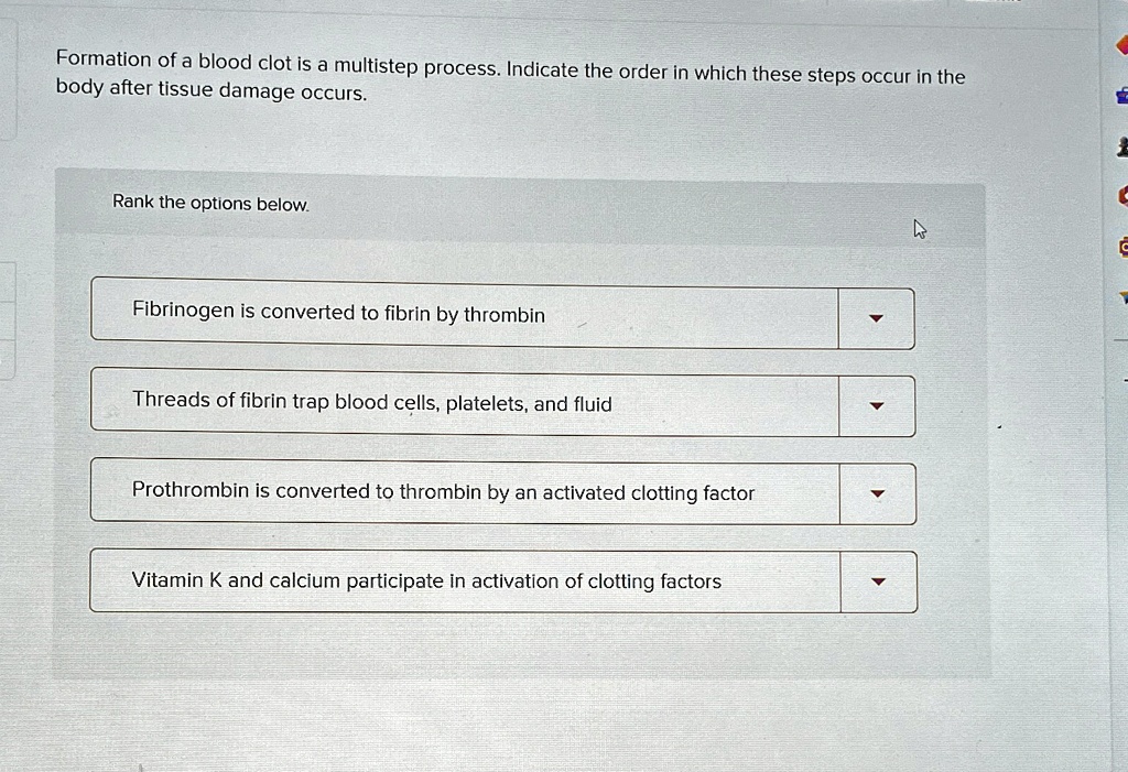 Formation of a blood clot is a multistep process. Indicate the order in ...