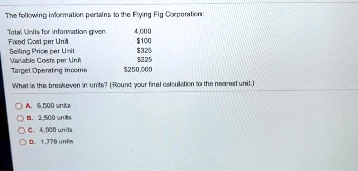 SOLVED: The following information pertains to the Flying Fig Corporation: Total Units for ...