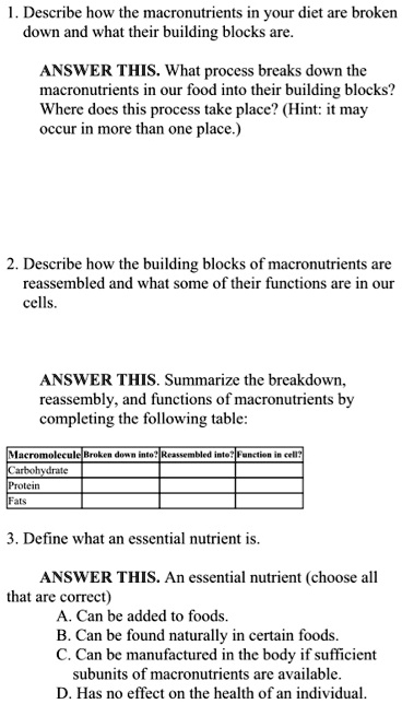 SOLVED: Describe how the macronutrients in your diet are broken down ...