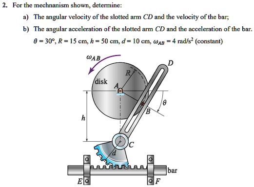 SOLVED: 2. For the mechnanism shown, determine: a) The angular velocity of the slotted arm CD ...
