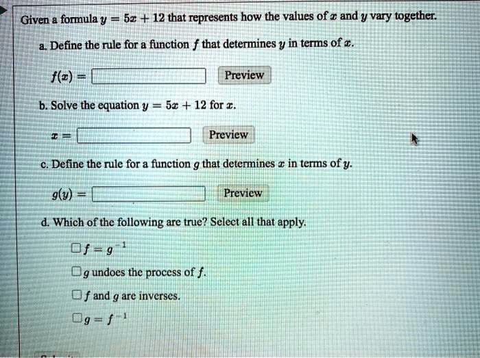 SOLVED: Given formula y = 5r + 12 that represents hOw the values of x ...