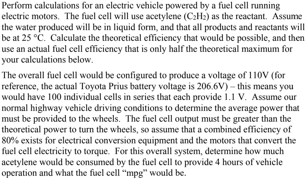 perform calculations for an electric vehicle powered by a fuel cell ...