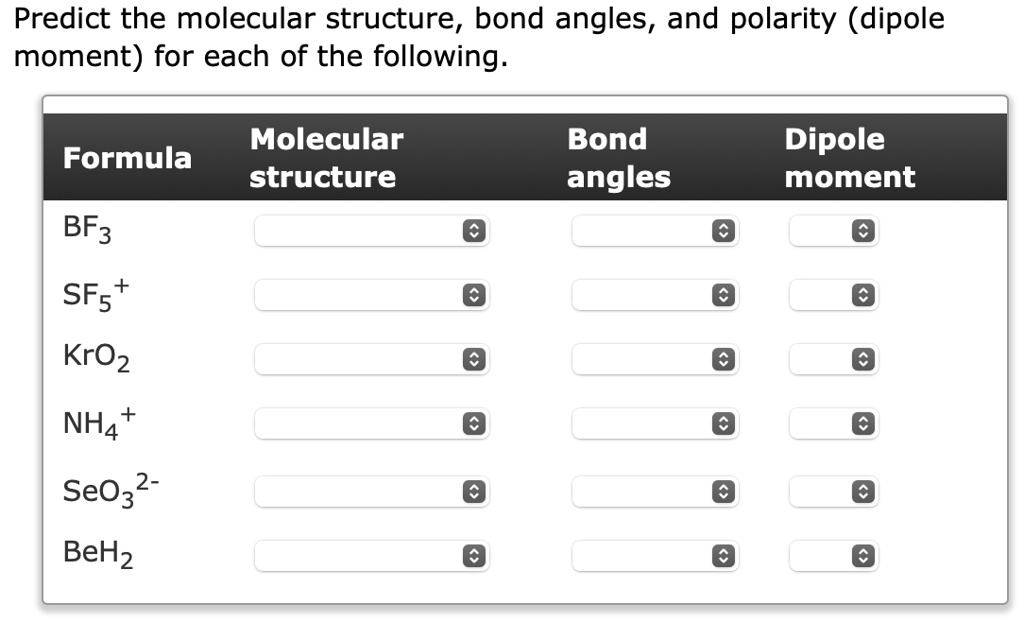 SOLVED: Predict the molecular structure, bond angles, and polarity (dipole moment) for each of ...