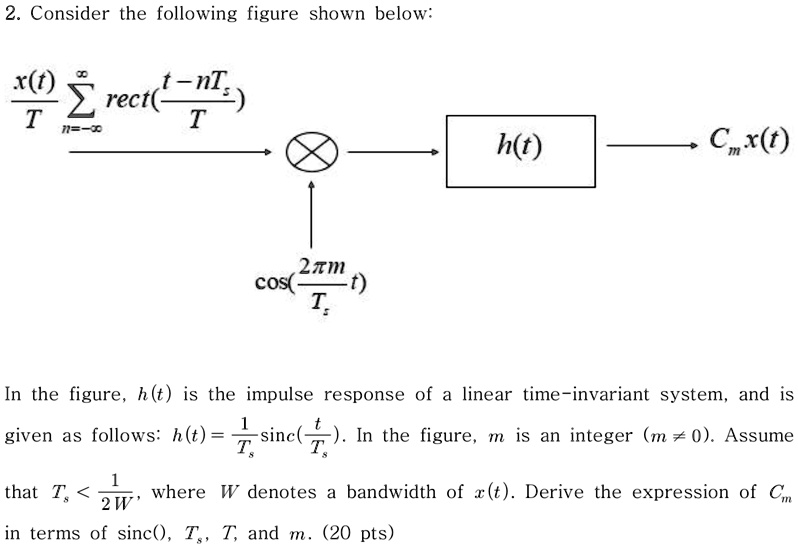SOLVED: Text: 2, Consider the following figure shown below: x(t) rect T n=-x h(t) 2TM In the ...