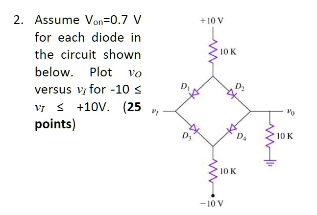 [GET ANSWER] 2. Assume Von=0.7 V for each diode in the circuit shown below. Plot vo versus vi ...