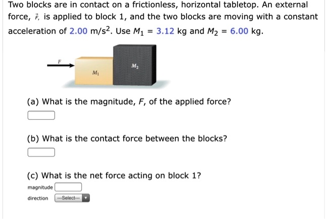 Two blocks are in contact on a frictionless, horizontal tabletop. An ...