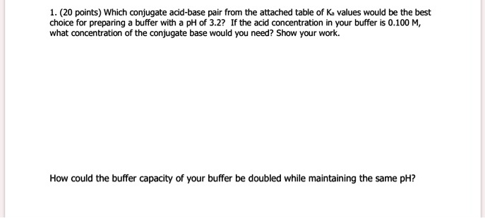 SOLVED: (20 points) Which conjugate acid-base pair from the attached table of Ka values would be ...