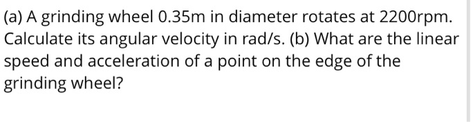 SOLVED: (a) A grinding wheel 0.35m in diameter rotates at 220 rpm ...