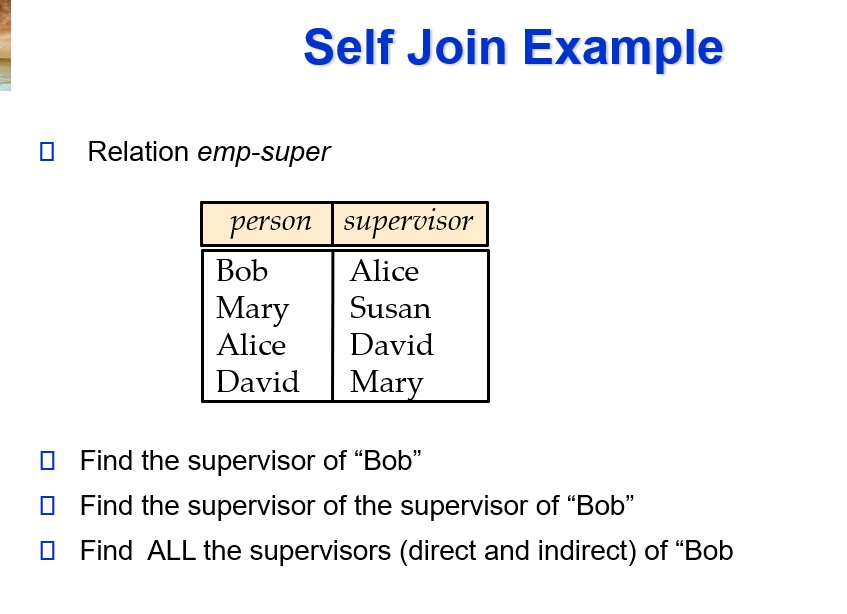 Please make the queries in SQL. Attach the commands. Self Join Example Relation emp-super person ...