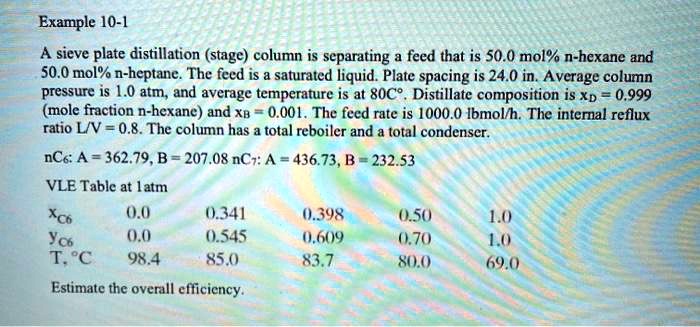 Example 10-1 A sieve plate distillation (stage) column is separating a feed that is 50.0 mol% n ...