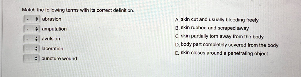 match the following terms with its correct definition abrasion ...