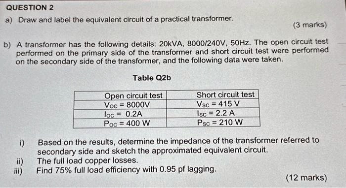 SOLVED: ii) Calculate the primary and secondary currents at full load. iii) Determine the ...
