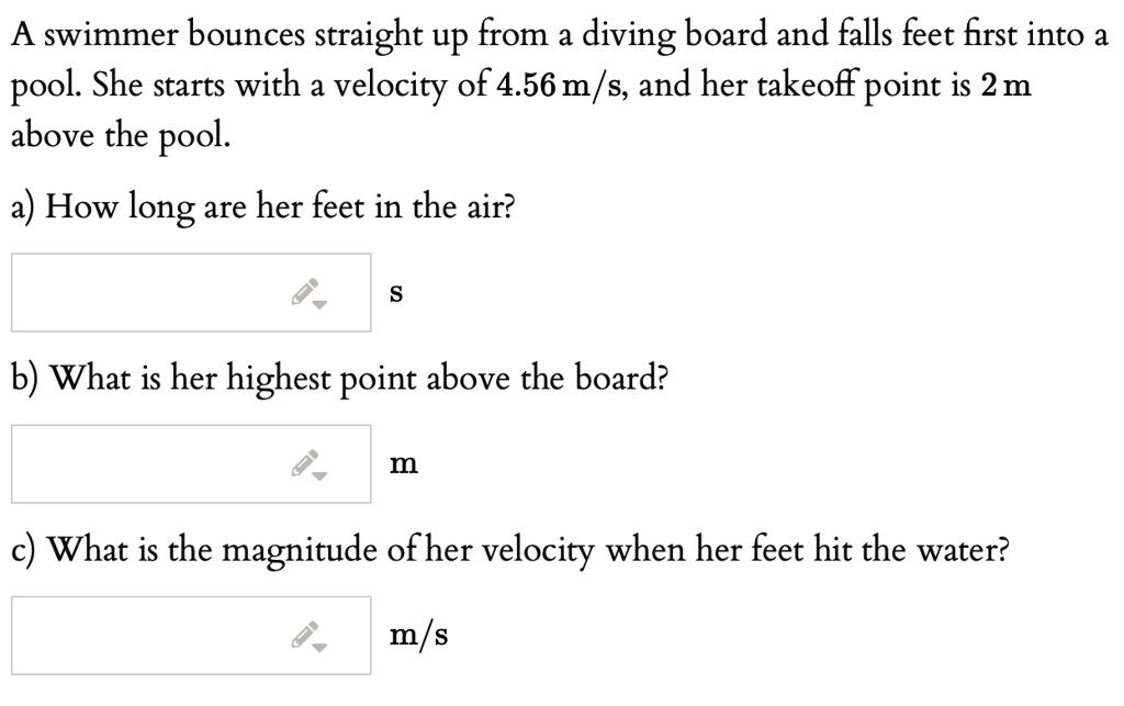 a swimmer bounces straight up from a diving board and falls feet first ...