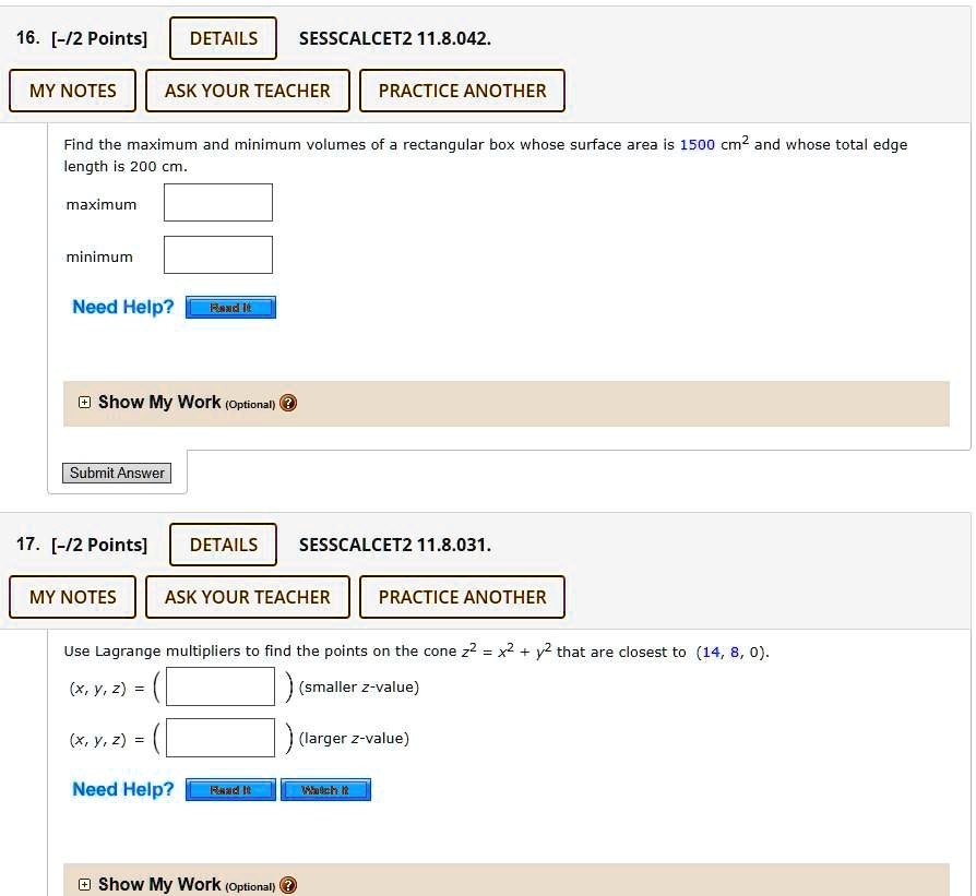 SOLVED: Find the maximum and minimum volumes of a rectangular box whose ...