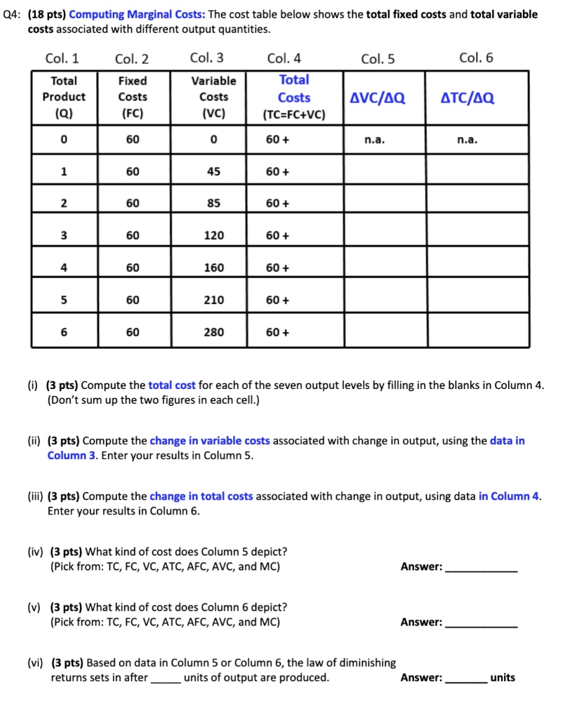 Q4: (18 pts) Computing Marginal Costs: The cost table below shows the total fixed costs and ...