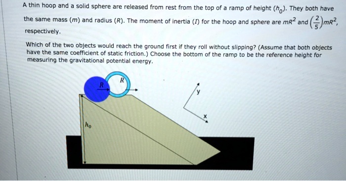 A thin hoop and a solid sphere are released from rest from the top of a ramp of height (h0 ...