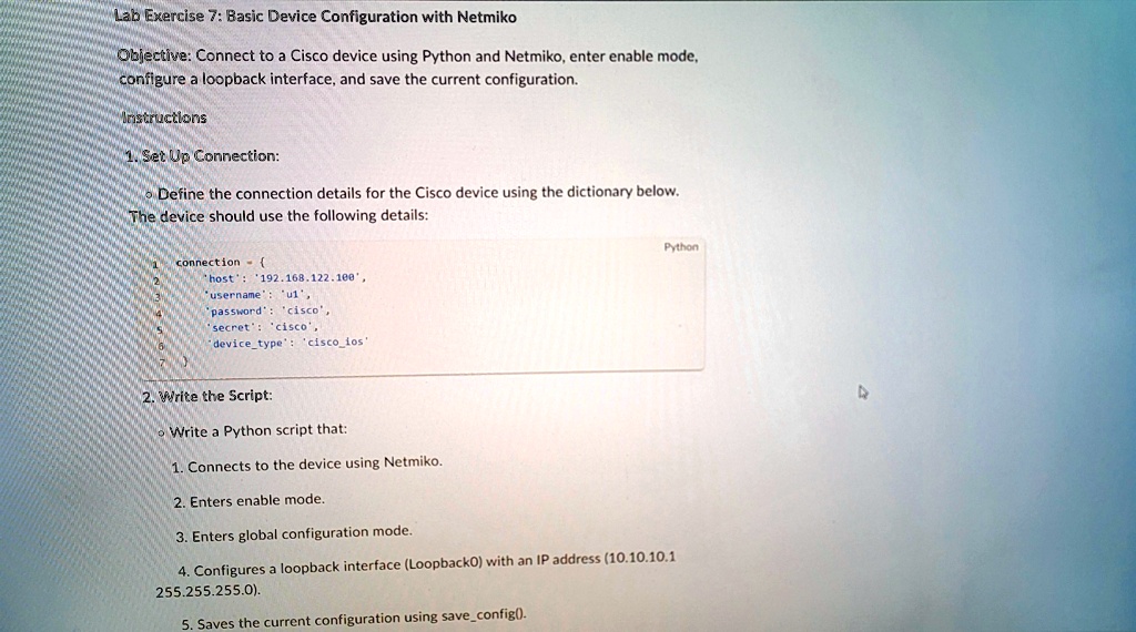 Lab Exercise 7 Basic Device Configuration With Netmiko Objective Connect To A Cisco Device Using 3612