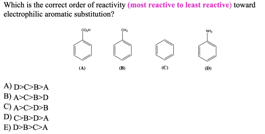 SOLVED: Which is the correct order of reactivity (most reactive to least reactive) toward ...