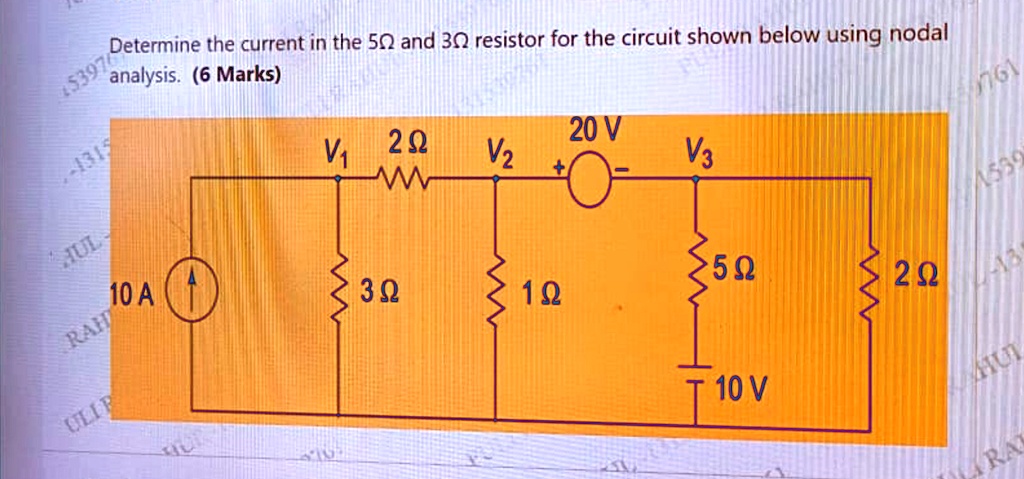 Determine the current in the 5Ωand 3Ωresistor for the circuit shown below using nodal analysis ...