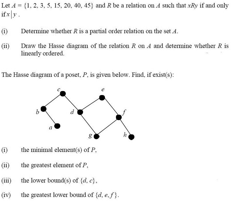 SOLVED: Let A = 1, 2, 3, 5, 15, 20, 40, 45 and R be a relation on A such that xRy if and only if ...