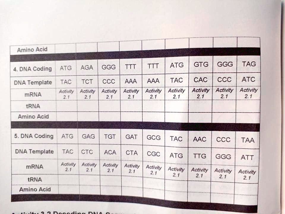 SOLVED: Amino Acid DNA Coding ATG AGA GGG TTT TTT ATG GTG GGG TAG TAC ...