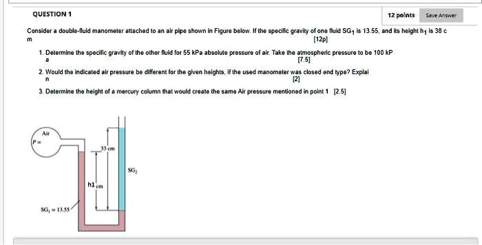 SOLVED: QUESTION 1 12 points Solve Answer Consider a double-fluid manometer attached to an air ...