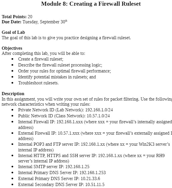 [GET ANSWER] module 8 creating a firewall ruleset total points 20 due date tuesday september 30 ...