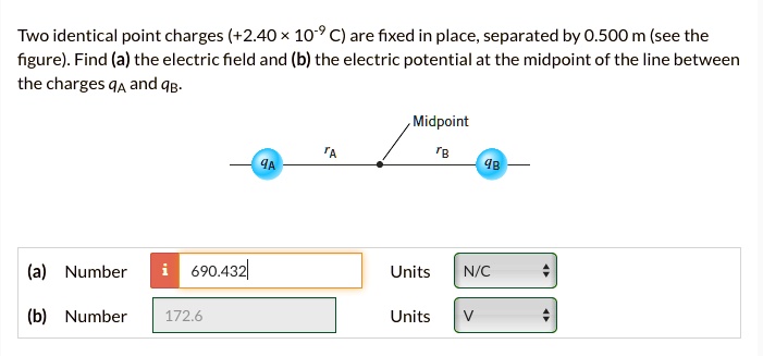 Two identical point charges (+2.40 × 10^-9 C) are fixed in place ...