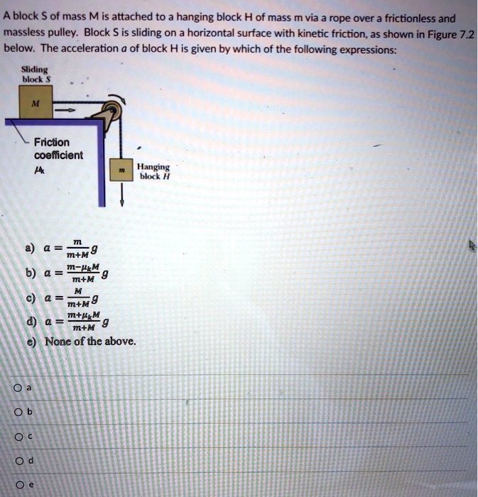 SOLVED: A block of mass M is attached to a hanging block H of mass m via rope Over: frictionless ...