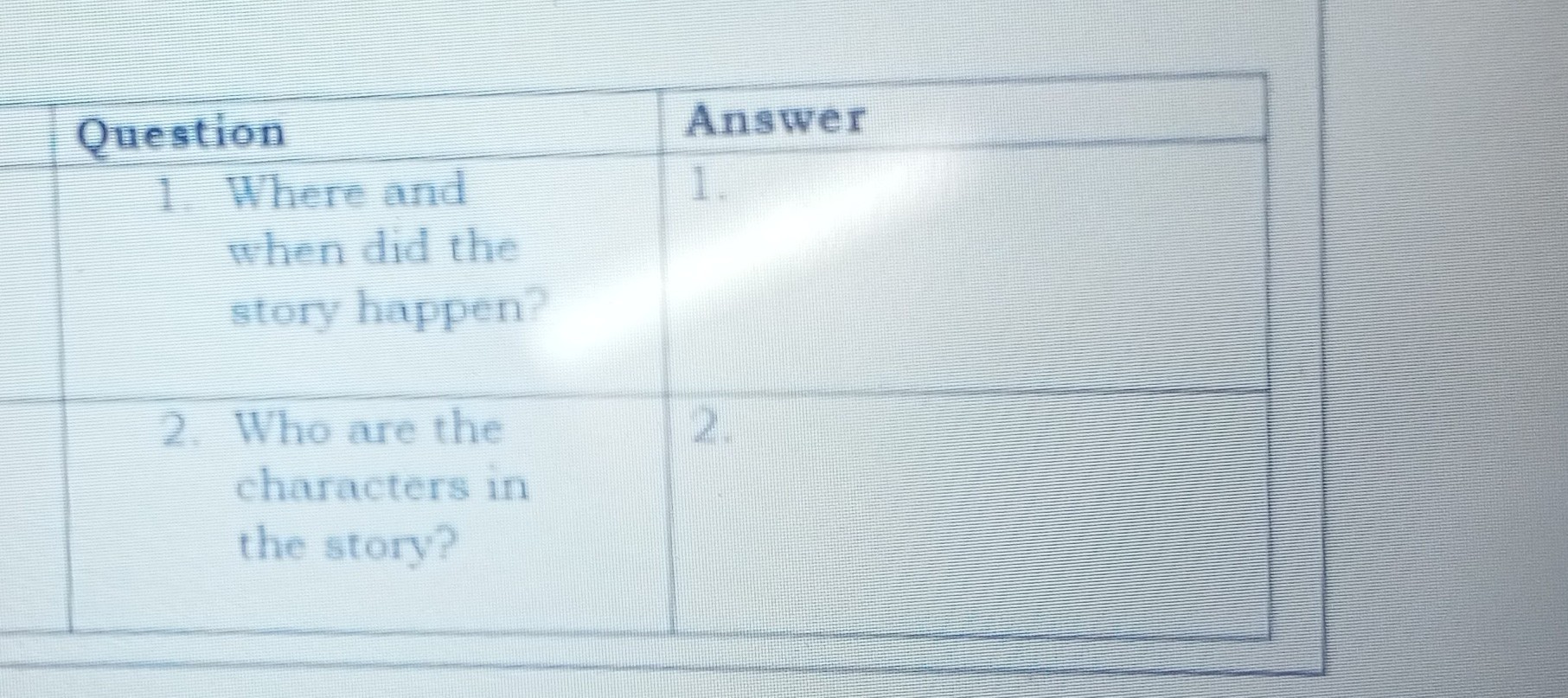 Question Answer 1. Where and when did the story happen? 1. 2. Who are ...