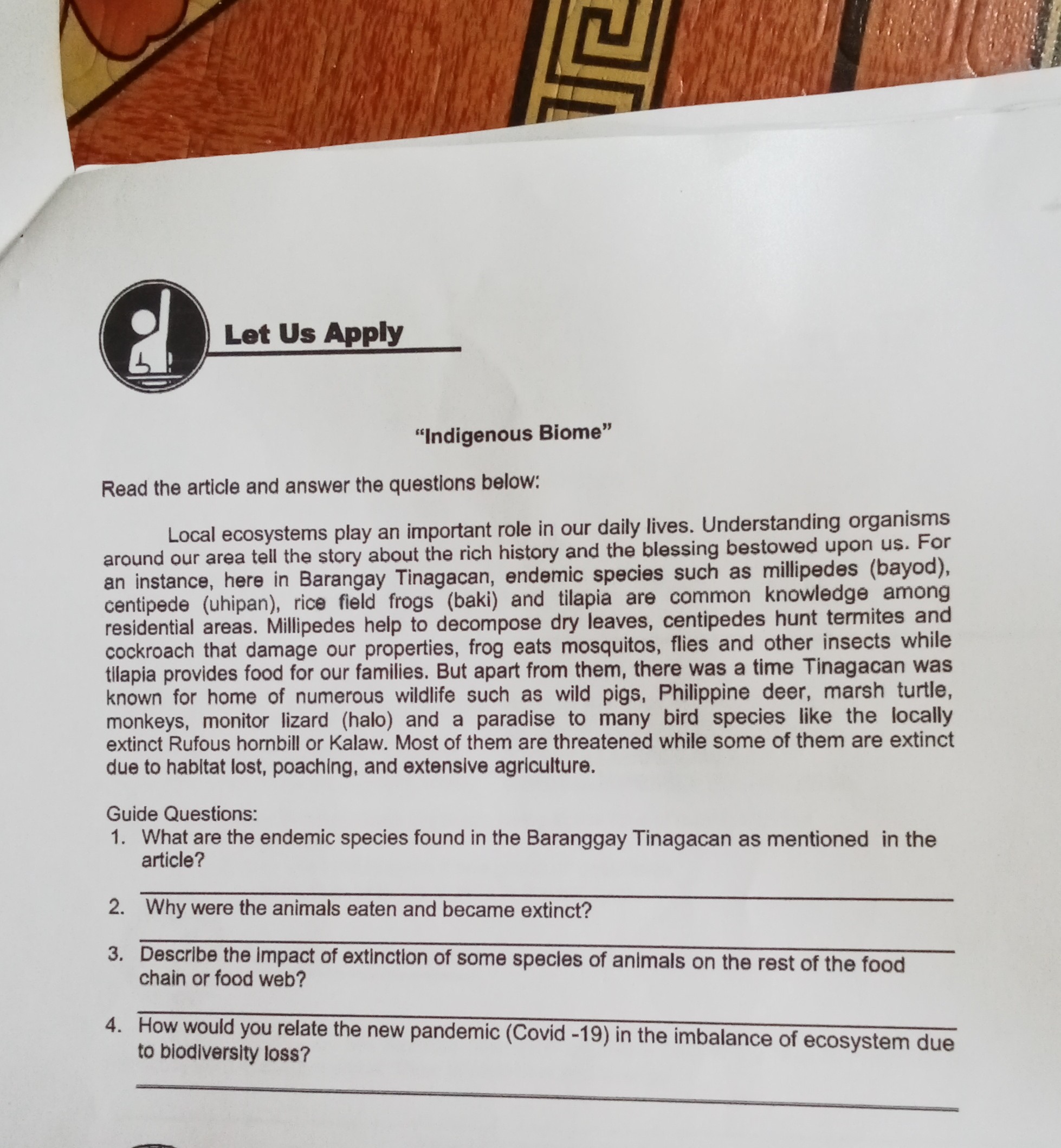 SOLVED: Let Us Apply "Indigenous Biome" Read the article and answer the ...