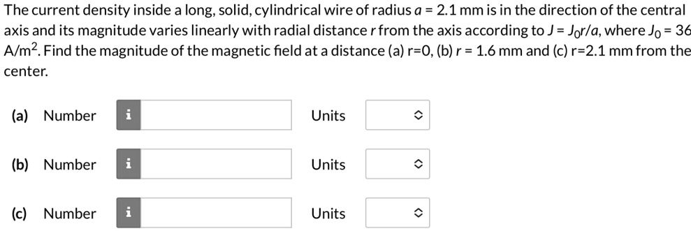 SOLVED: The current density inside a long, solid, cylindrical wire of ...