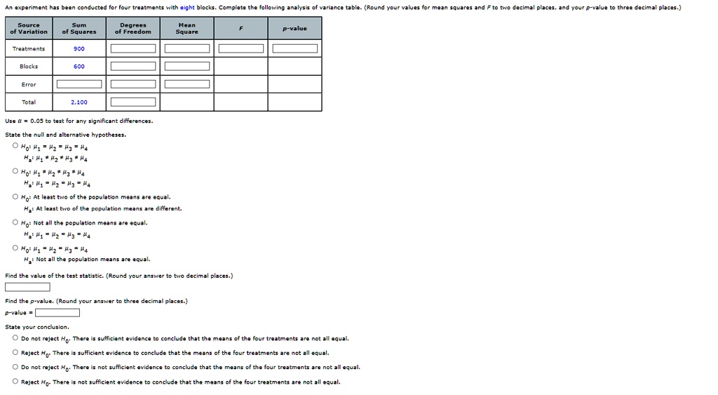 SOLVED: An experiment has been conducted for four treatments with eight blocks. Complete the ...