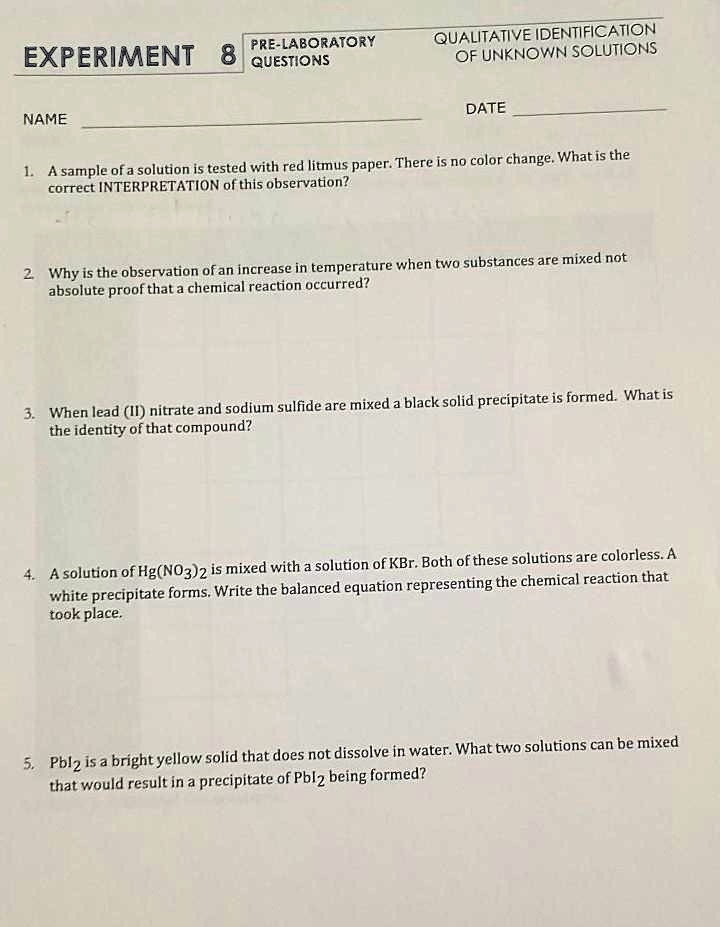 pre laboratory questions qualitative identification of unknown solutions experiment date name ...