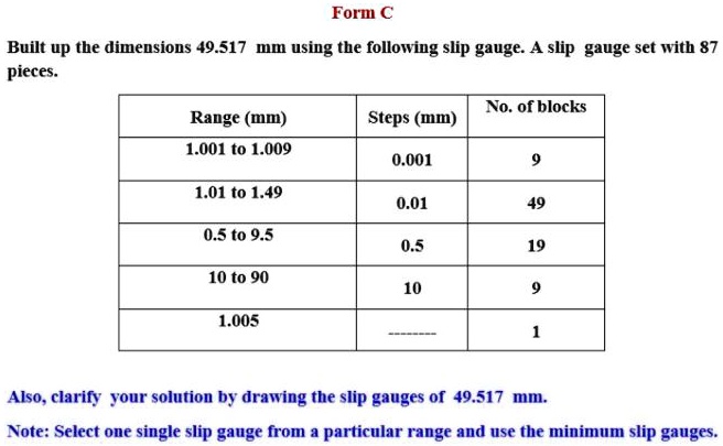 SOLVED: Built up the dimensions 49.517 mm using the following slip gauge. A slip gauge set with ...