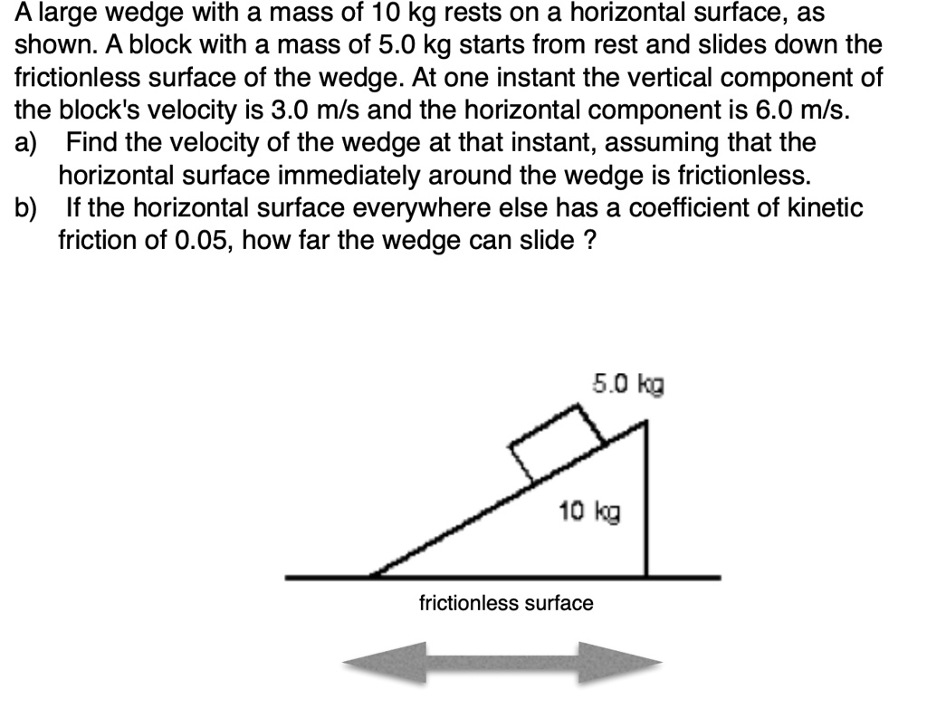 A large wedge with a mass of 10 kg rests on a horizontal surface, as shown. A block with a mass ...