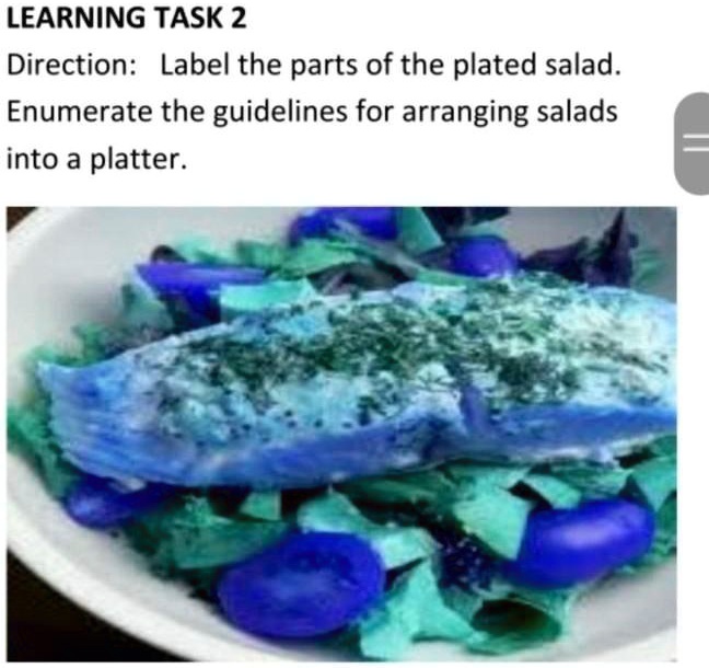 SOLVED: LEARNING TASK 2 Direction: Label the parts of the plated salad ... SOLVED: LEARNING TASK 2 Direction: Label the parts of the plated salad ...