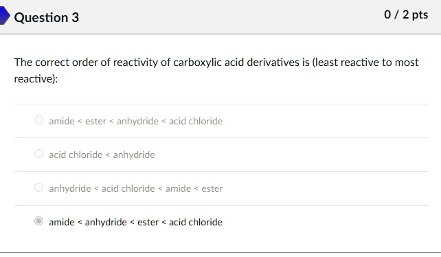 SOLVED: The correct order of reactivity of carboxylic acid derivatives is (least reactive to ...