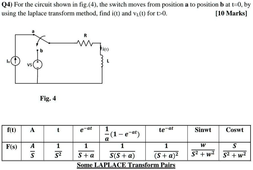 SOLVED: Q4) For the circuit shown in Fig. 4, the switch moves from position a to position b at t ...